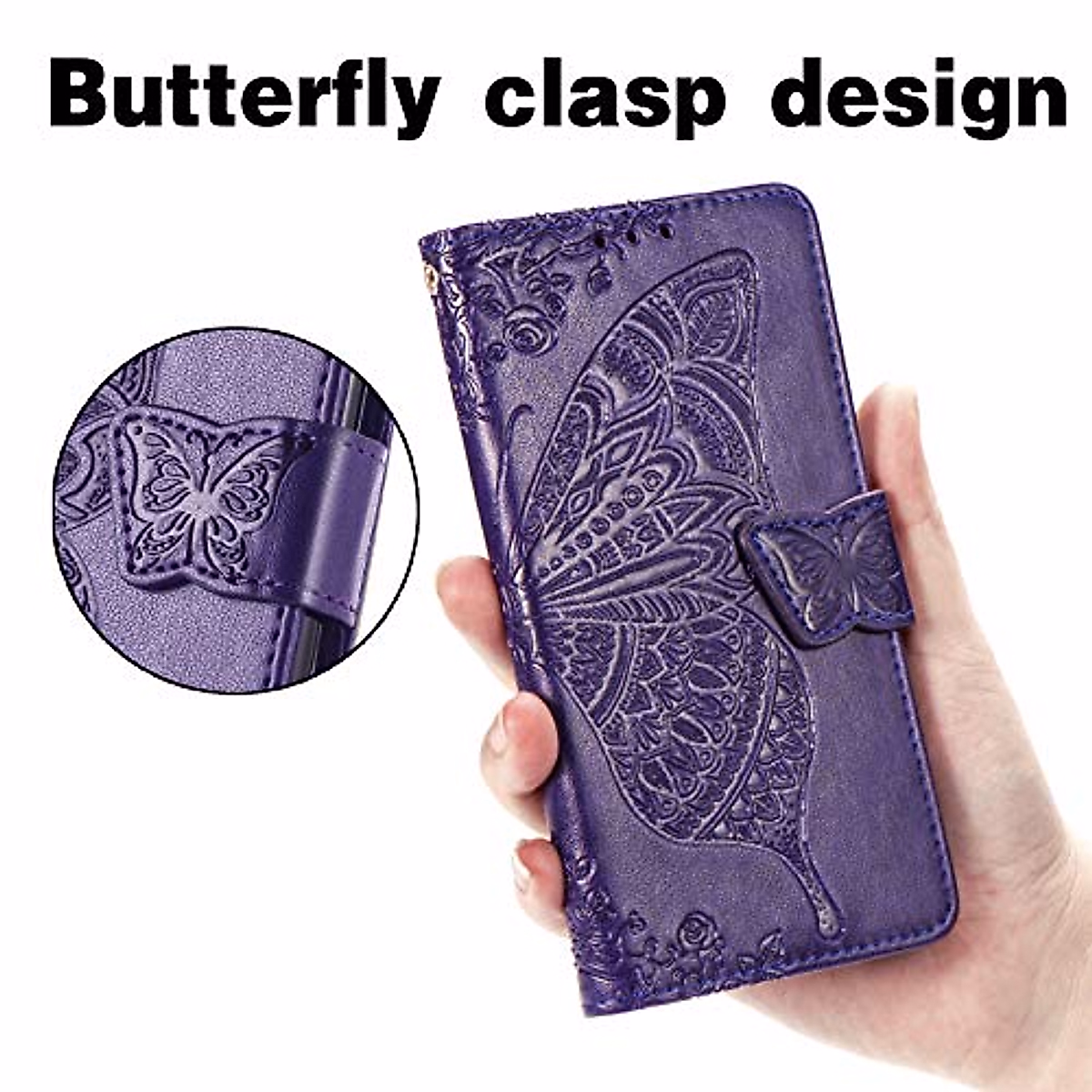 PU Leather Wallet Flip Protective Phone Case with Wrist Strap Card Slots Holder Pocket Emboss Butterfly Flower Stand Case for Samsung Galaxy A32 5G Purple