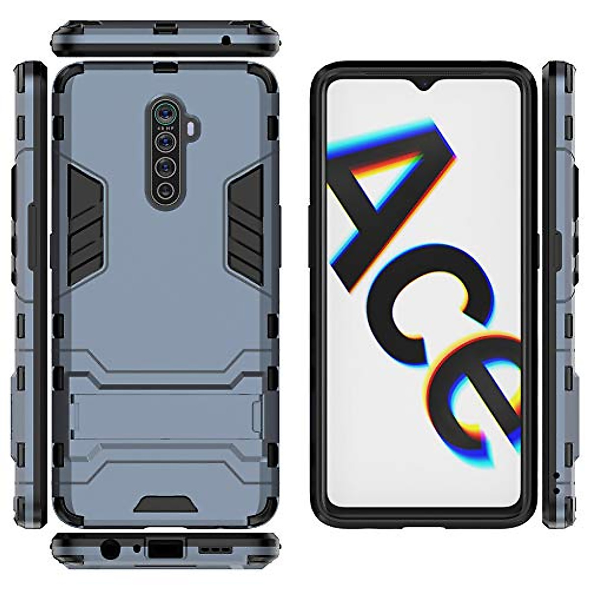 Case for Oppo Reno Ace (6.5 inch) 2 in 1 Shockproof with Kickstand Feature Hybrid Dual Layer Armor Defender Protective Cover (Blue Black)