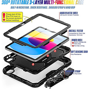Herize iPad 10th Generation Rugged Protective Case 10.9 Inch with Screen Protector Pen Holder, Handle Shoulder Strap | iPad 10 Case A2757/A2777| Heavy Duty Shockproof | Black