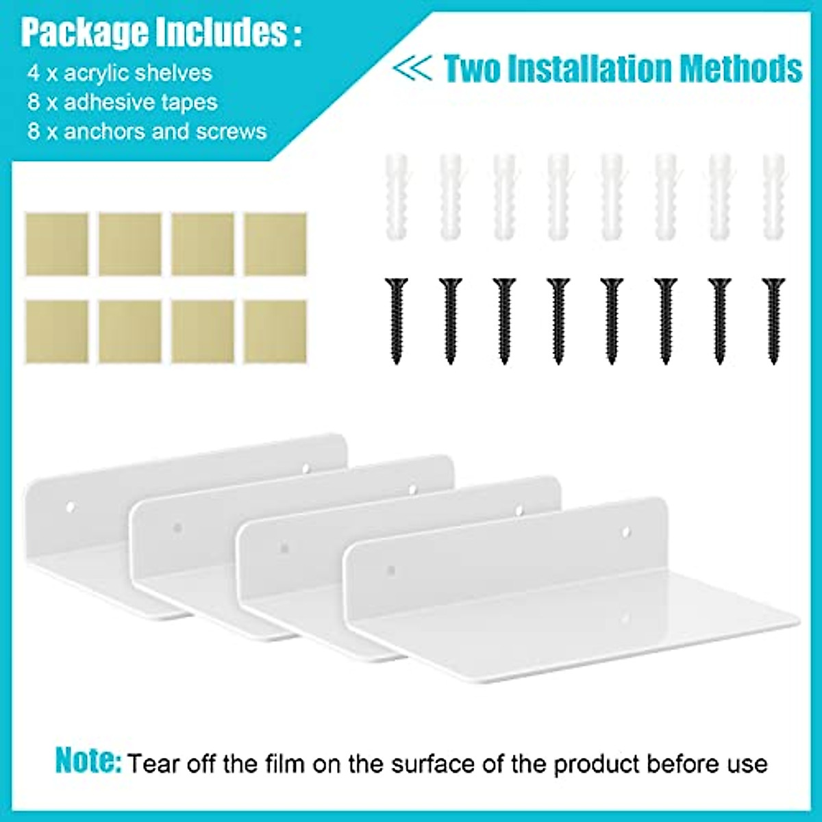 Geelin 4 Pcs Acrylic Floating Shelves White Acrylic Wall Shelf Small Wall Mounted Acrylic Shelves with Adhesive Screw for Wall Corner Bathroom Book Storage Decoration, 7.9 x 4.7 x 1.6 inches