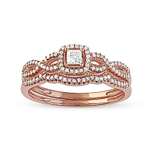 DZON IGI Certified 10k Rose Gold 3/8CT TDW Princess & Round Cut Diamond Halo Engagement Ring Set Love Gift for Women (I-J, I2)