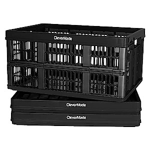CleverMade 45L Collapsible Storage Bins, Plastic Stackable Grated Wall Utility Containers, CleverCrates Baskets, Black, 3 Pack