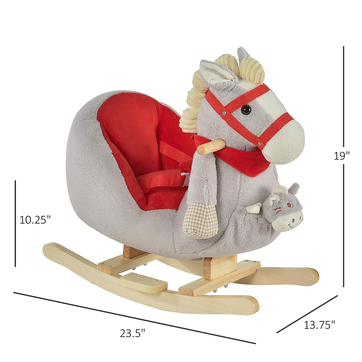 Qaba Kids Ride-On Rocking Horse Toy, Rocker with Lullaby Song, Hand Puppets & Soft Plush Fabric for Children 18-36 Months, Gray