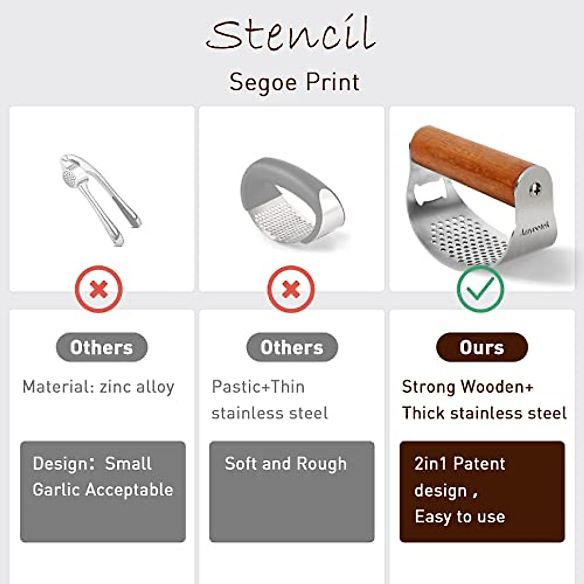 Auyeetek Garlic Press, Stainless Steel Mincer &Crusher Set Heavy Duty Easy Squeeze Clean for Ginger with Professional Ergonomic Handle Cleaning Brush Rust Proof Dishwasher Safe