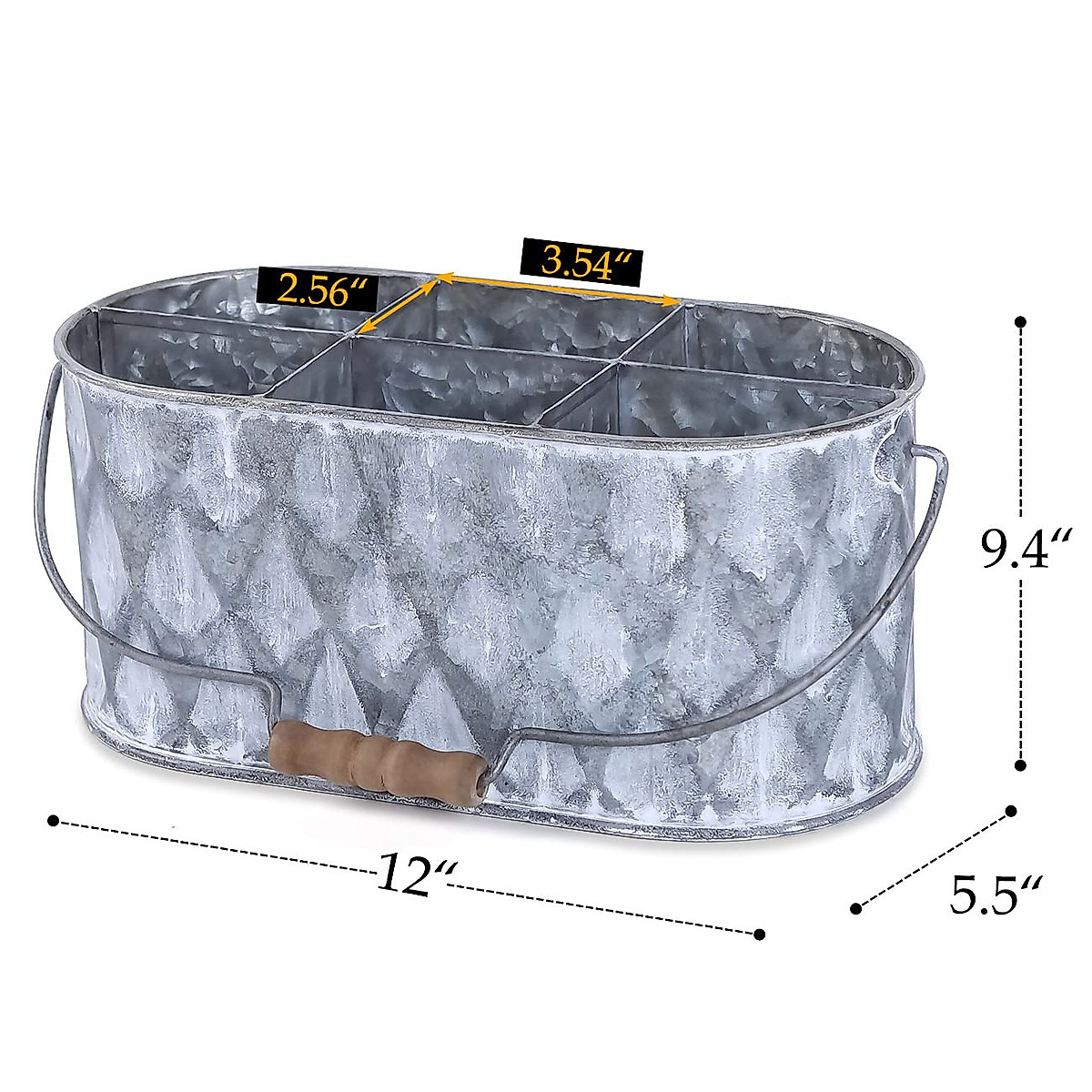 NIKKY HOME Galvanized Metal Caddy with 6 Compartments, Farmhouse Utensil Holder Rustic Utensil Caddy Carry-All Serveware Picnic Caddy Multipurpose Storage Bin with Handle - 12 x 5.5 x 9.5 inches