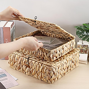 Hipiwe Wicker Storage Basket Bins with Lid Natural Water Hyacinth Basket Bin Boxes Rectangular Decorative Shelf Baskets Box Stackable Flat Woven Storage Box for Home Organizing, 2-Packs