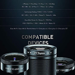 MIAO LAB Phone Lens Kits-22x Telephoto Lens/205°Fisheye Lens/120°Wide Angle Lens&20x Macro Lens/Tripod and Remote Shutter Works with iPhone 11 Plus X XS XR Samsung Huawei