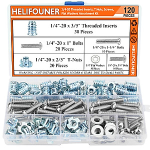 HELIFOUNER 1/4"-20 Threaded Inserts for Wood Furniture, 1/4"-20 T Nuts, 1/4-20 x 3/4", 1", 1-1/4" Button Head Socket Cap Screws, 1/4" Flat Washers Assortment Kit, 120 Pieces
