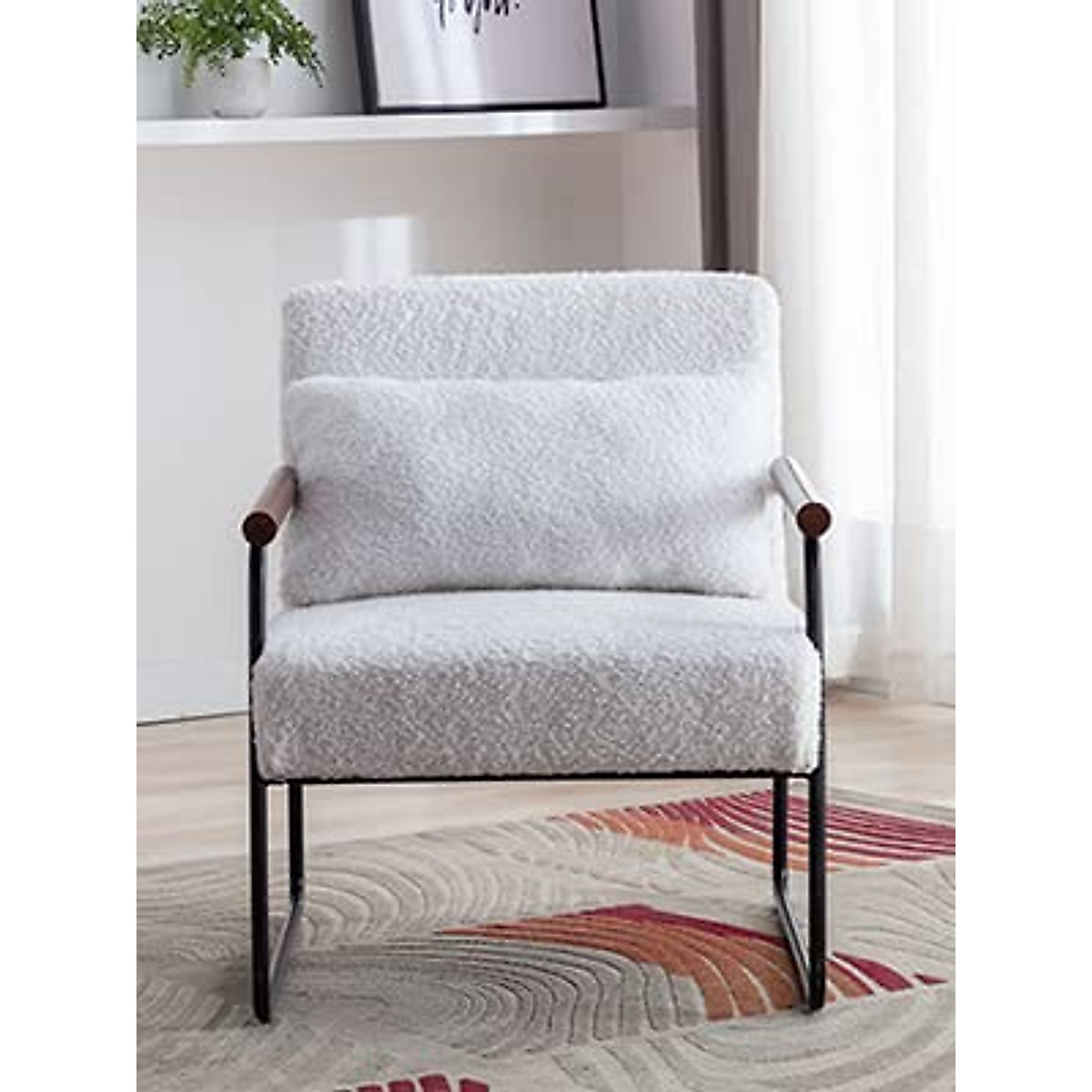 ANJHOME Simple Mid Century Modern Accent Chair, Soft Tufted Upholstered Armchair with Steel Frame, Comfy Lambs Wool Accent Chair Lounge Chairs Single Sofa for Living Room Easy Assembly