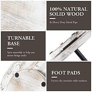 MyGift 2 Tier Lazy Susan Dessert Display Stand - Shabby White Washed Solid Wood and Industrial Matte Black Metal Pipe 360 Degree Rotating Cupcake Riser Tray