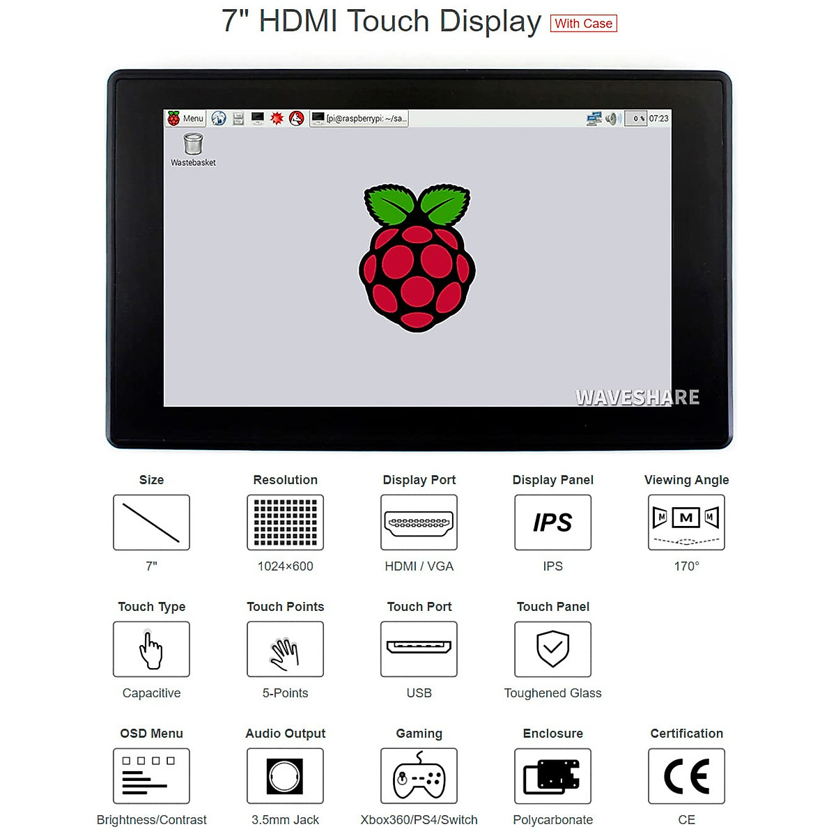 waveshare 7" IPS Display LCD Capacitive Touch Screen Monitor 1024x600 Resolution HDMI/VGA Port, for Raspberry Pi 4B/3B+/3B/2B/A+/Zero W/WH/Jetson Nano/Banana Pi/Windows 10/8.1/8/7