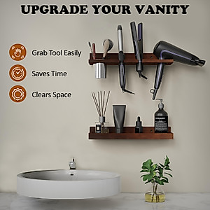 Wooden Hair Tool Organizer Wall Mounted - 17"x5" 2PC Set - Blow Dryer Holder & Hair Storage Organizer - Perfect for Heat Tools, Curling Iron or Hair Dryer Storage - Mounting Hardware Included