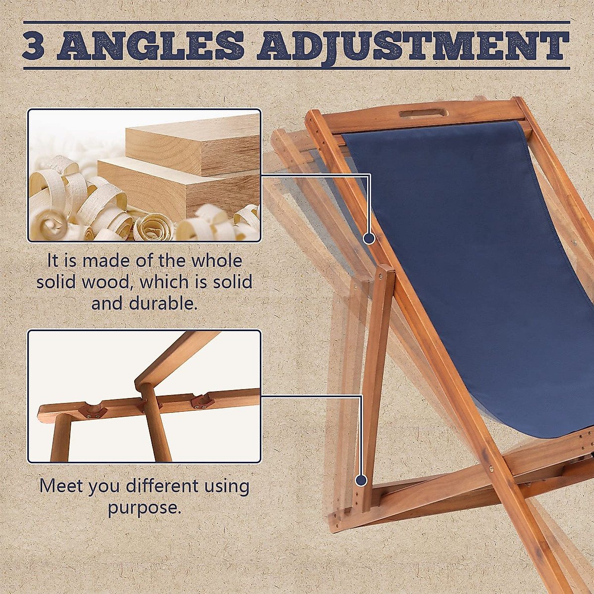 Yewuli Patio Lounge Chair Outdoor Beach Sling Chair Set of 2, Wooden Reclining Patio Chairs Foldable Beach Chairs with Polyester Canvas &Solid Wood Frame Patio Furniture, Blue