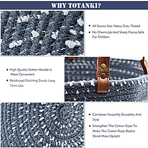 TOTANKI Large Cotton Rope Laundry Storage Basket - 15.7 Inches(D) x 19.7 Inches(H) - Collapsible Woven Basket with Leather Handles for Storing Clothing, Diapers, Toys (Blue)