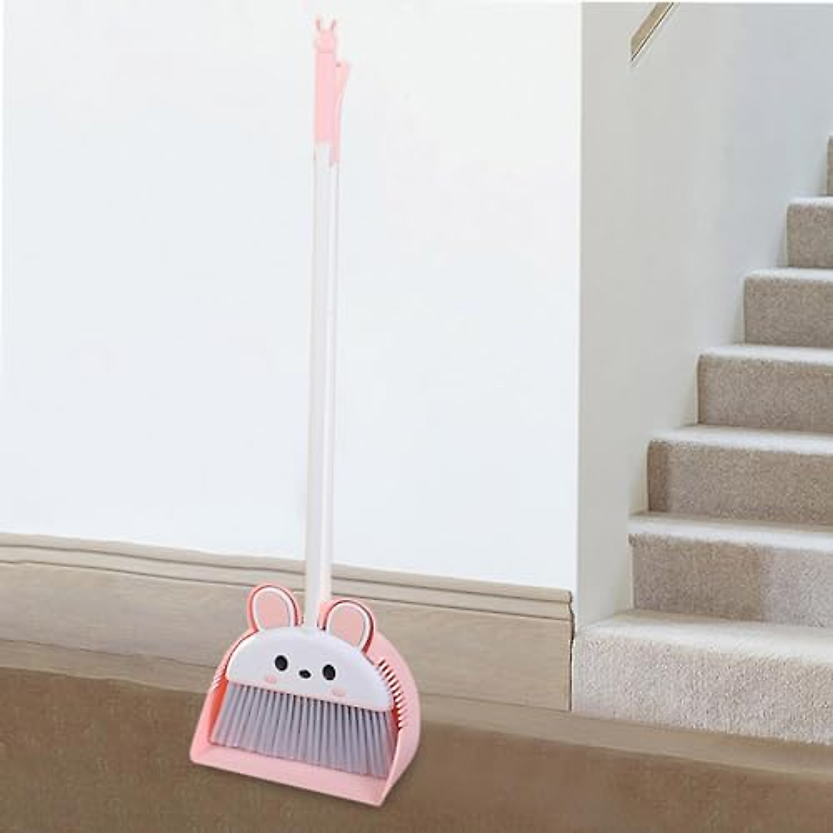 JISADER Broom and Dustpan Set Dense Bristles Built in Broom Comb Sweeping Broom for Home, Pink