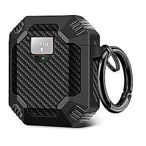 Maxjoy Compatible with Airpods 1st & 2nd Generation Case, Full Body Rugged Carbon Fiber Hard Shell Protective Case Cover with Keychain for Airpods 1st & 2nd Generation Case, Black