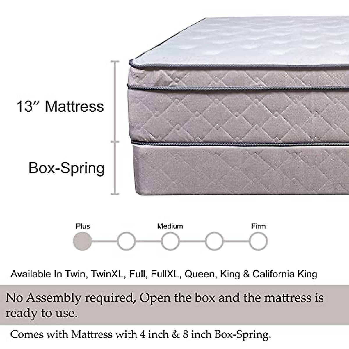 Mattress Comfort, 13-Inch Soft Foam Encased Hybrid Eurotop Pillowtop Memory Foam Gel Innerspring Mattress & 8" Wood Box Spring Set, Full XL