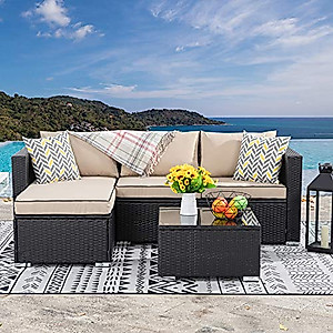 Walsunny 3 Piece Patio Furniture Set Outdoor Sectional Sofa with Upgrade Rattan Wicker Conversation Loveseat Couch(Black Rattan)(Khaki/Black)