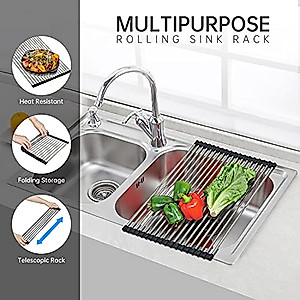 CHIRISEN Adjustable Large Roll Up Dish Drying Rack 12.8" X20.6" Collapsible Over The Sink Rack Non-Slip Silicone Rolling Dish Drainer SUS304 Stainless Steel Roll Rack for Kitchen Counter Organizer