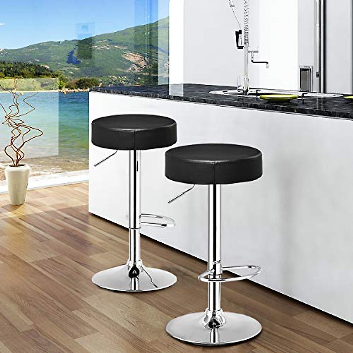 COSTWAY Bar Stool, Modern Swivel Backless Round Barstool, PU Leather Armless bar Chair with Height Adjustable, Chrome Footrest, Sturdy Metal Frame for Kitchen Dining Living Bistro Pub (Black, 1 pc)