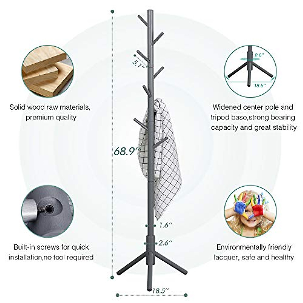 Vlush Sturdy Coat Rack Stand-Coat Hat Tree Coat Hanger Holder Stand for Clothes,Scarves,Handbags,Umbrella-(8 Hooks,Gray)
