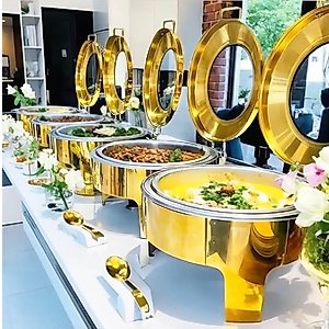 HONHPD 6.8-Quart Gold Round Chafing Dishes, Stainless Steel Chafers and Buffet Warmers Sets w/Water Pan, Food Pan, Fuel Holder and Lid(1 Pack)