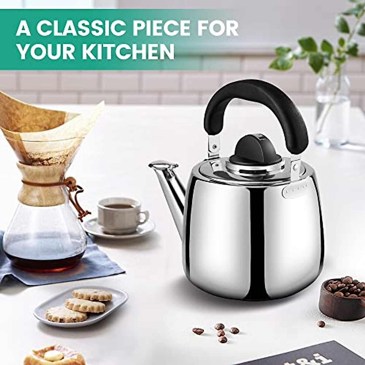 Tea Kettle - 4QT Whistling Tea Pots for Stove Top - Food Grade Stainless Steel Teapot - Classic Stovetop Kettle with Universal Base, Cool Grip Bakelite Handle