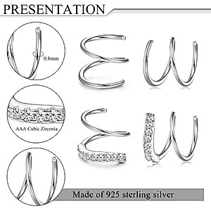 FUNRUN JEWELRY 2Pairs 925 Sterling Silver Twist Wrap Spiral Earrings for Women Double Hoop Climber Cuff Earrings Hypoallergenic Tiny CZ Cartilage Twist Piercing Earrings