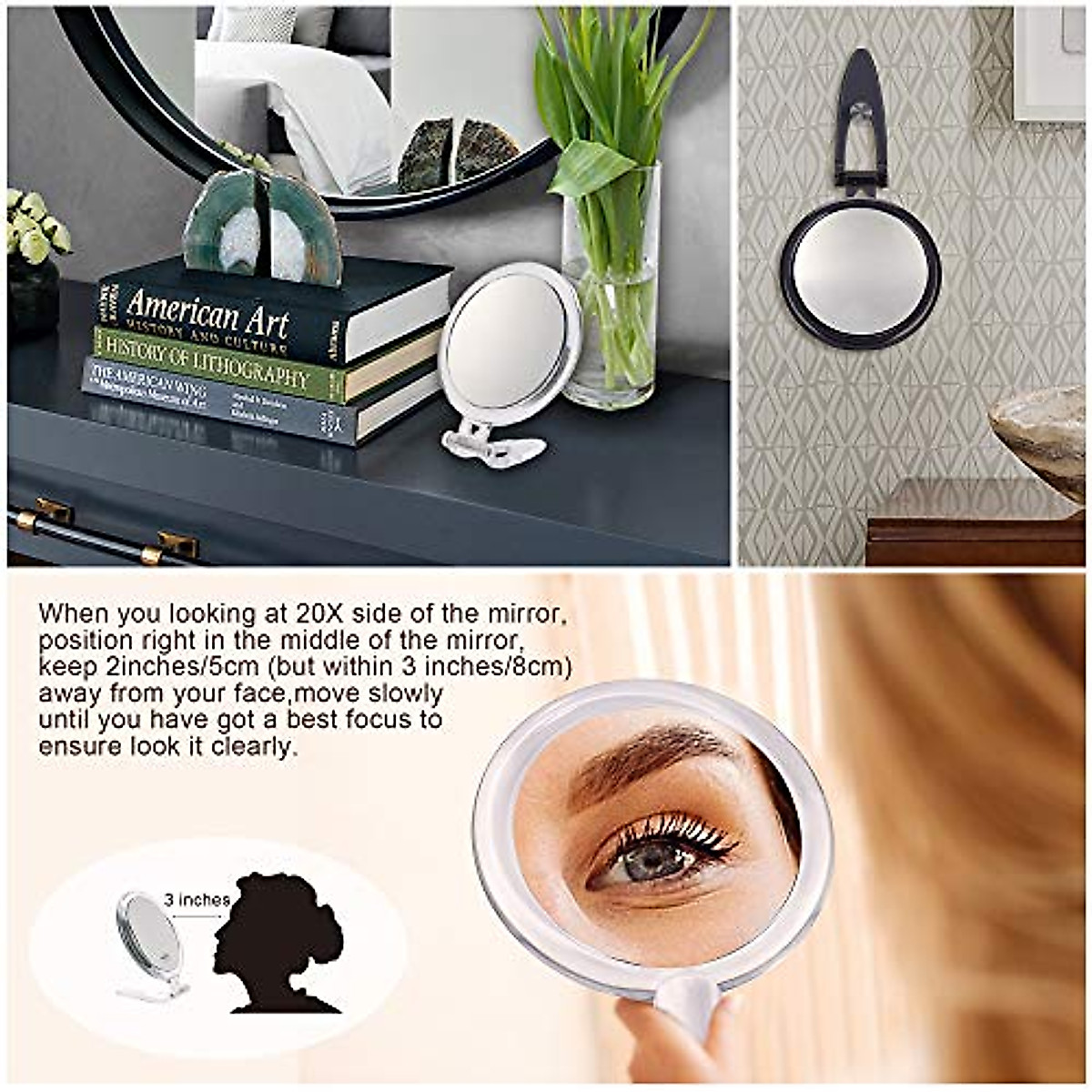 5Inch,20X Magnifying Mirror, Two Sided Mirror, 20X/1X Magnification, Folding Makeup Mirror with Handheld/Stand,Use for Makeup Application, Tweezing, and Blackhead/Blemish Removal. (Black)