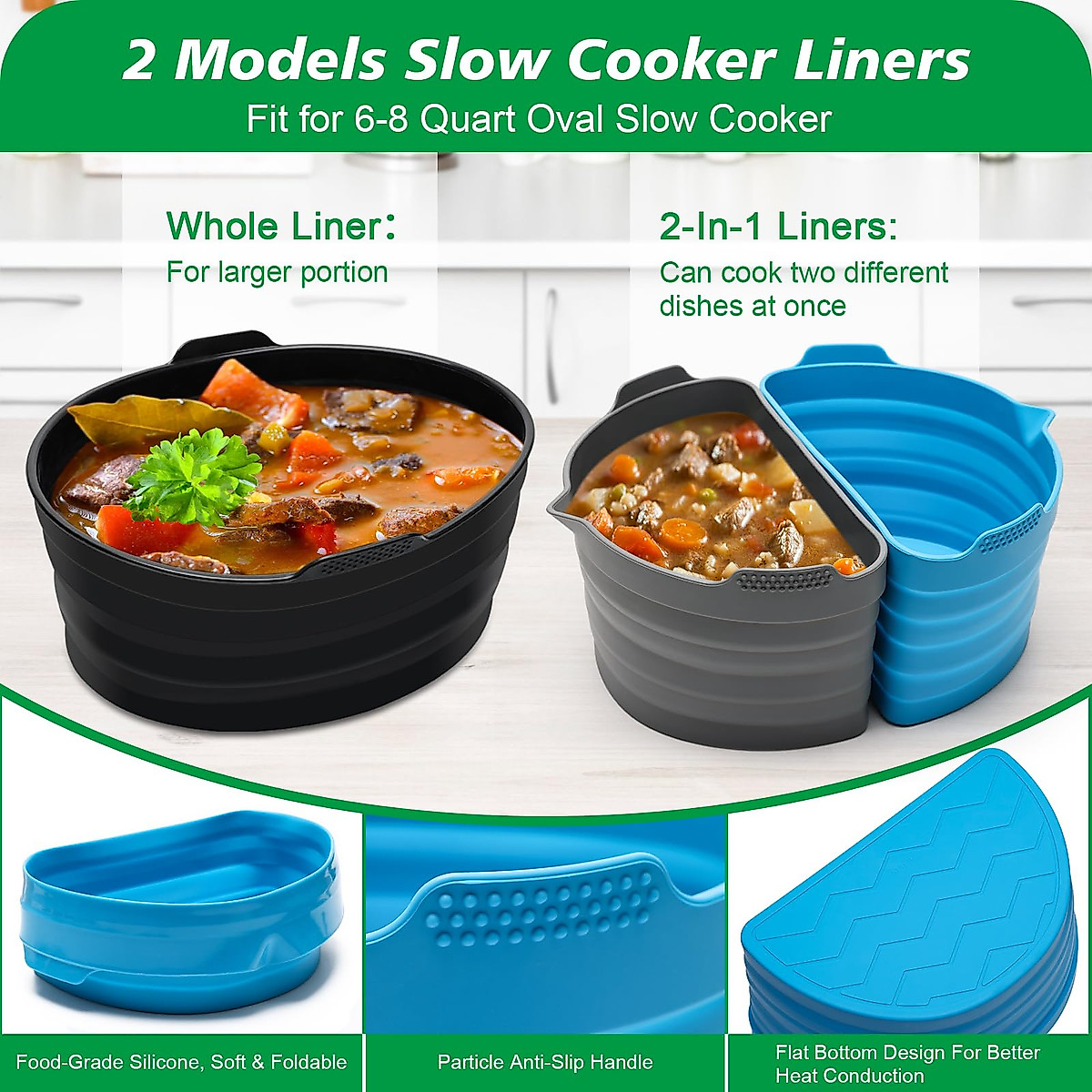 6 Pack Silicone Cooker Liners Set, Slow Cooker Pot Liner for 6-8QT Crock Pot, Contain 1 PCS Integrated Pot Mat, 2 PCS Divider Liners, 1 PCS Plastic Utensil Cradle, 2 PCS Silicone Hand-Clips