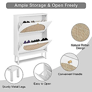 Goderfuu Rattan Shoe Cabinet with 2 Flip Drawers, Shoe Rack for Entryway Shoe Storage Cabinet, 2 Tier Small Shoe Cabinet Slim Shoe Storage Cabinet, White Shoe Cabinet for Heels, Boots, Slippers