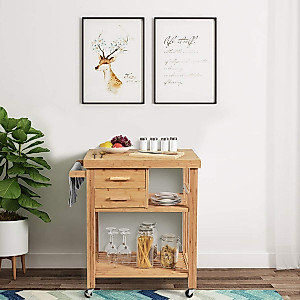 Giantex Kitchen Island, Bamboo Island Cart, Kitchen Trolley Cart on Wheels, Rolling Kitchen Cart, 2 Drawers, Towel Rack, Casters with Lock (Natural)