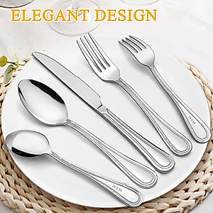 LIANYU Silverware Flatware Set for 8, 40-Piece Stainless Steel Eating Utensils with Pearled Edge, Cutlery Tableware for Home Kitchen Restaurant Party, Mirror Finished, Dishwasher Safe