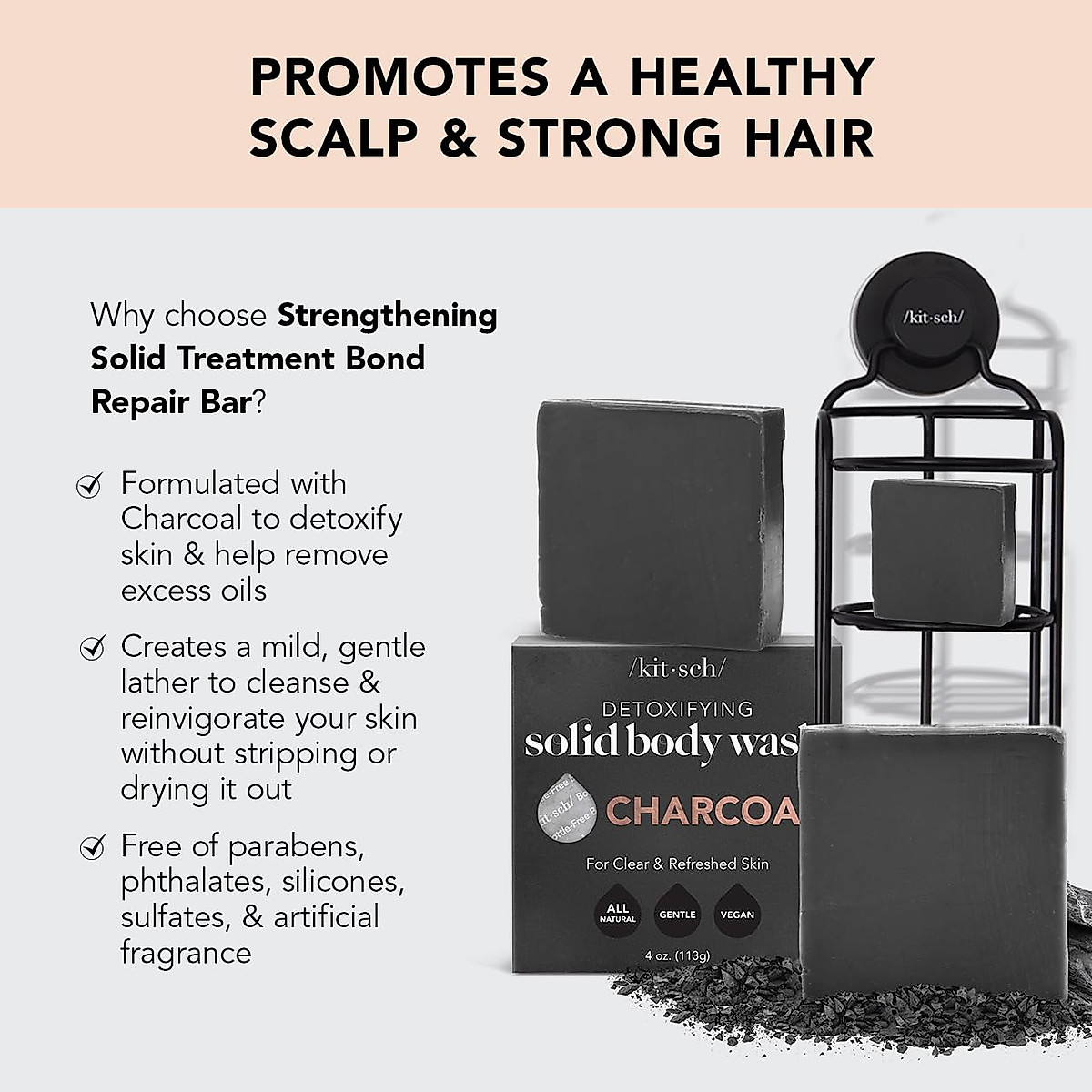 Kitsch Charcoal Soap Bar - Black Soap Bar for Detoxifying Skin | Charcoal Bar Soap for Men | Activated Charcoal Soap for Women Made in USA | Carbonic Soap Bar & Vegan Black Bar Soap for Oily Skin, 4oz