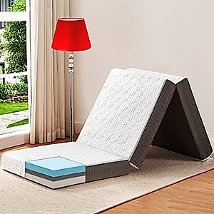 BedLuxury 4 Inch Tri Folding Mattress Queen Size with Storage Bag, Foldable Memory Foam Topper Portable Floor Guest Bed with Removable Bamboo Cover, Breathable Washable