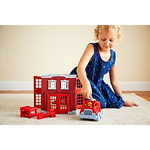 Green Toys Fire Station Playset - 8 Piece Pretend Play, Motor Skills, Language & Communication Kids Role Play Toy. No BPA, phthalates, PVC. Dishwasher Safe, Recycled Plastic, Made in USA.