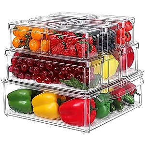 KUMD 10 Pack Fridge Organizers and Storage, Stackable Refrigerator Organizer Bins with Lids, BPA-Free Produce Fruit Storage Containers for Fridge Organizers, for Food, Drinks, Vegetable
