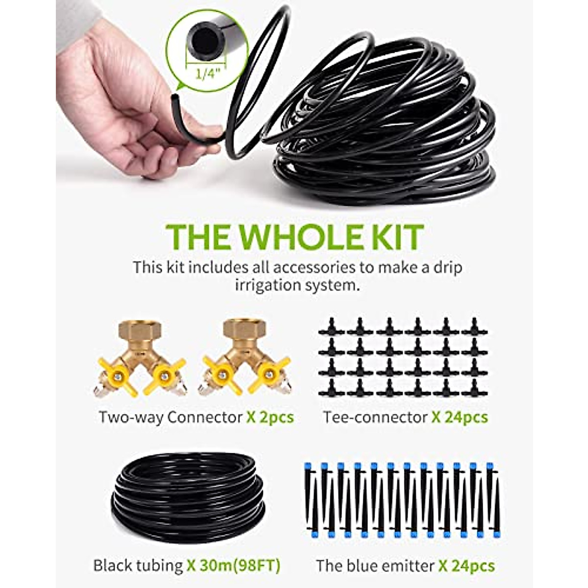 HIRALIY 98.4FT Drip Irrigation Kit, Garden Watering System, 6x4mm Blank Distribution Tubing DIY Automatic Irrigation Equipment Set for Outdoor Plants, Micro Drip Irrigation Kit for Greenhouse Flower, Bed Patio, Lawn