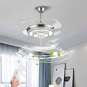 efperfect 42" Crystal Ceiling Fan with Light Retractable Blades Chrome Modern LED Chandelier Remote 3 Color Changes 3 Speeds Silent Ceiling Fans Lighting Fixture, LED Kits Included