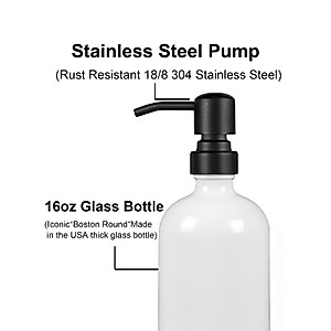 CHBJDAN 2 Pcs Thick White Glass Pint Jar Hand Soap Dispenser Bathroom with Matte Black Stainless Steel Pump, 16oz White Colored Boston Round Bottles Dispenser with Rustproof Pump for Ktichen Dish