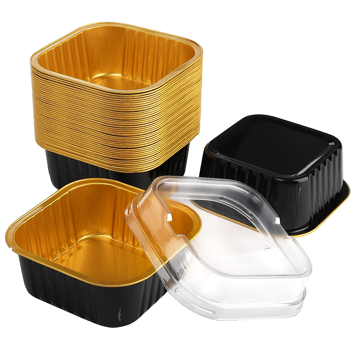 ZEAYEA 100 Pieces Aluminum Foil Baking Cups with Lids, 5.7 oz Disposable Ramekins Cupcake Containers, Square Cupcake Muffin Liners Cups for Party Mother's Day Wedding Christmas Birthday