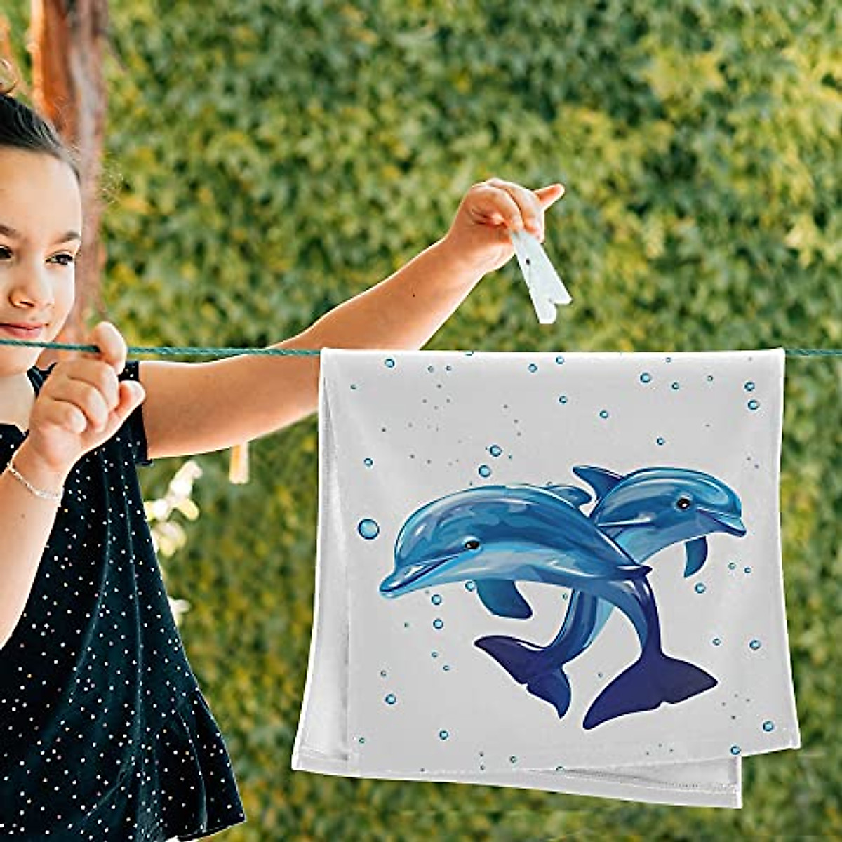 Oreayn Cute Dolphins Bubbles Hand Towel for Bathroom Kitchen Beach Polyester Cotton Set of 2 Cute Dolphins Fingertip Towel Soft Absorbent 28.3 x 14.4 Inch Watercolor