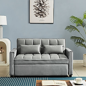 Merax 55.2" Velvet Sleeper Sofa Couch, Convertible Loveseat Sofa with Pull Out Bed and Adjustable Backrest, Sleeper Sofa Bed Armchair with 2 Lumbar Pillows for Home Office, Grey