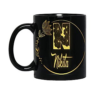 Coffee Mug Personalized Nikita Name & Initial Letter Monogram Floral Alphabet Mug Golden Flowers Custom Black Coffee Cup, Gift for Her Mom Coworker Sister, Wife, Girl 11oz Black Mug 667994