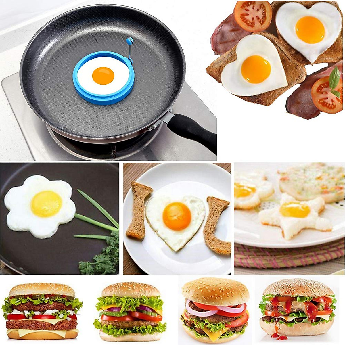 Egg Ring, Yubng Egg Cooking Rings, Round Pancake Mold, Silicone Ring for Eggs, 4 Pack Reusable Fried Egg Mold with an Oil Brush (multi-shapes)