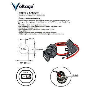 SAE Panel Mount Connector Socket with Fuse Waterproof SAE Quick Connect for Kayak, Boat, Solar Panel, Flush Mount 12AWG 18" V-SAE1250
