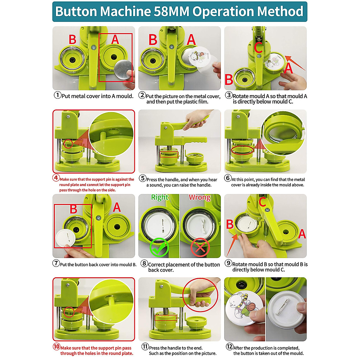 Happizza Button Maker Machine (3rd Gen) Installation-Free, 58mm (2.25in) DIY Pin Badge Button Maker Press Machine Badge Punch Press with Free 100pcs Button Parts&Pictures&Circle Cutter&Magic Book