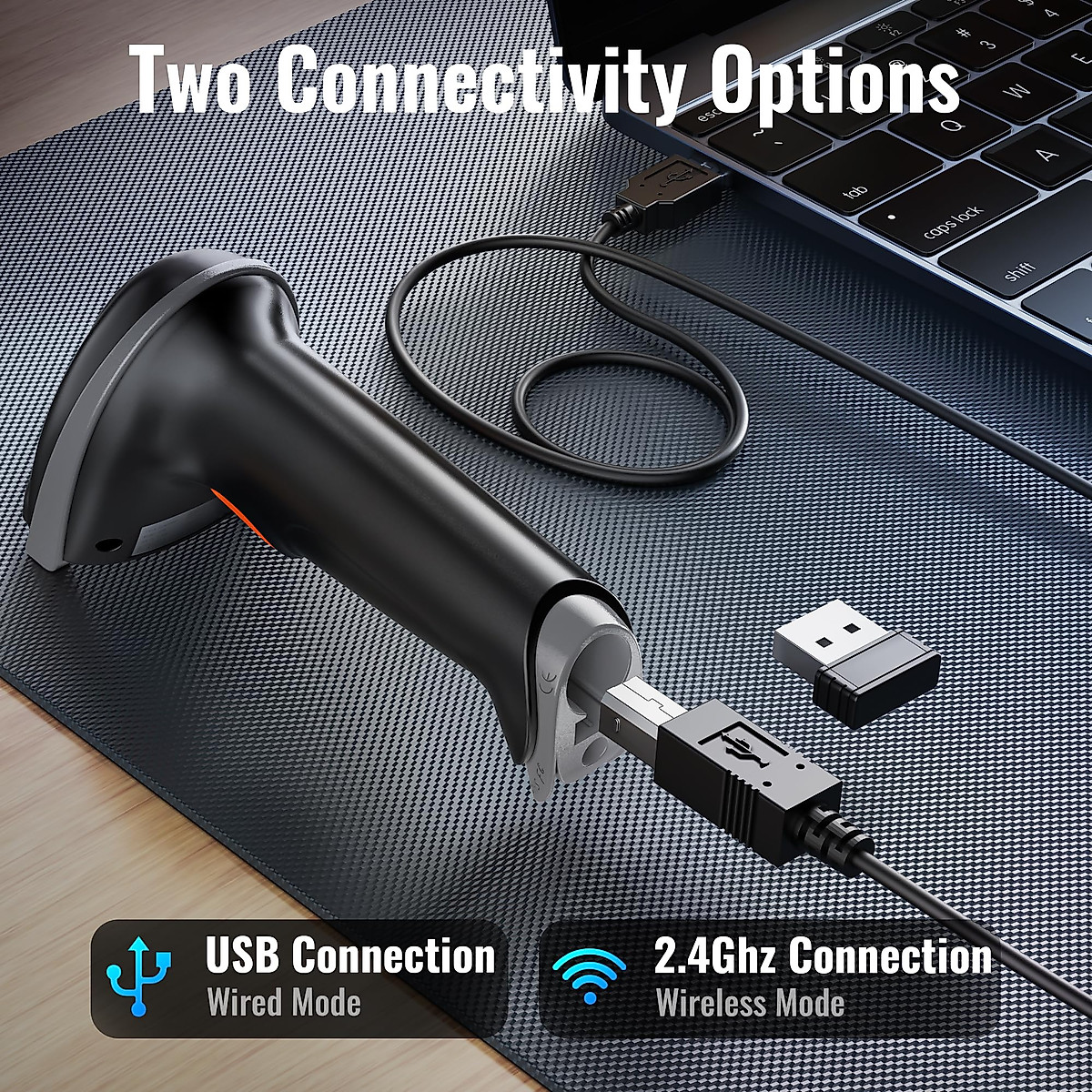 Tera Barcode Scanner Wireless Versatile 2-in-1 (2.4Ghz Wireless+USB 2.0 Wired) with Battery Level Indicator, 328 Feet Transmission Distance Rechargeable 1D Laser Bar Code Reader USB Handheld (Grey)
