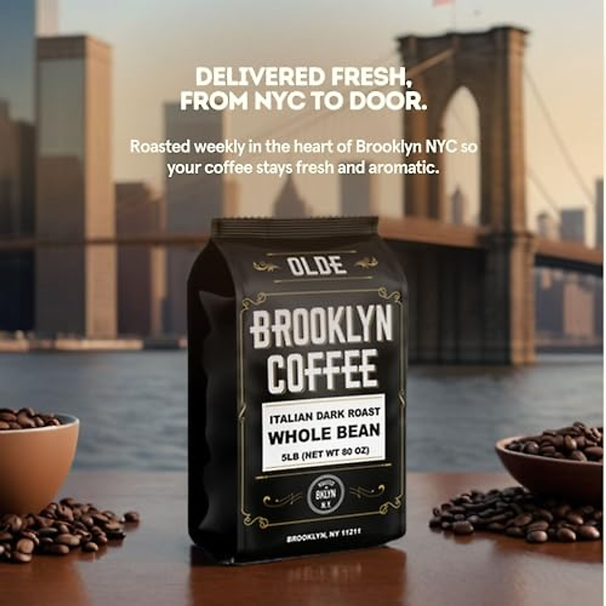 BROOKLYN COFFEE Whole Bean, Italian Dark Roast (2lb) Extra Strong, Delicious Taste, Heavenly Aroma - Fresh Bulk Coffee Beans Roasted Weekly in NYC