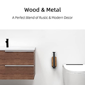 Wall Towel Rack for Towels Wall Mounte+ Wooden Toilet Paper Holder Wall Mount Black, Metal Bath Towel Holder for Folded Towel, Toilet Paper Roll Holder Wooden for Bathroom, Washroom, RV
